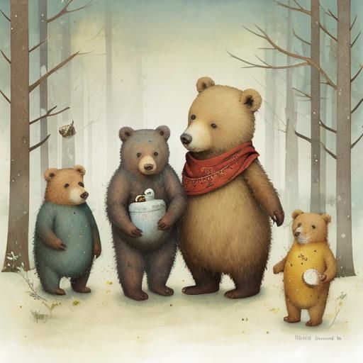 Whimsical Bear Cub and Friends in Dreamy Watercolo... - AI Art