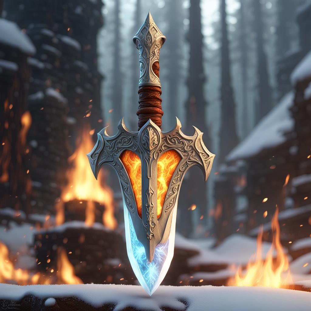 a magical dagger, ice blade with flames on the blade, of elven forging ...