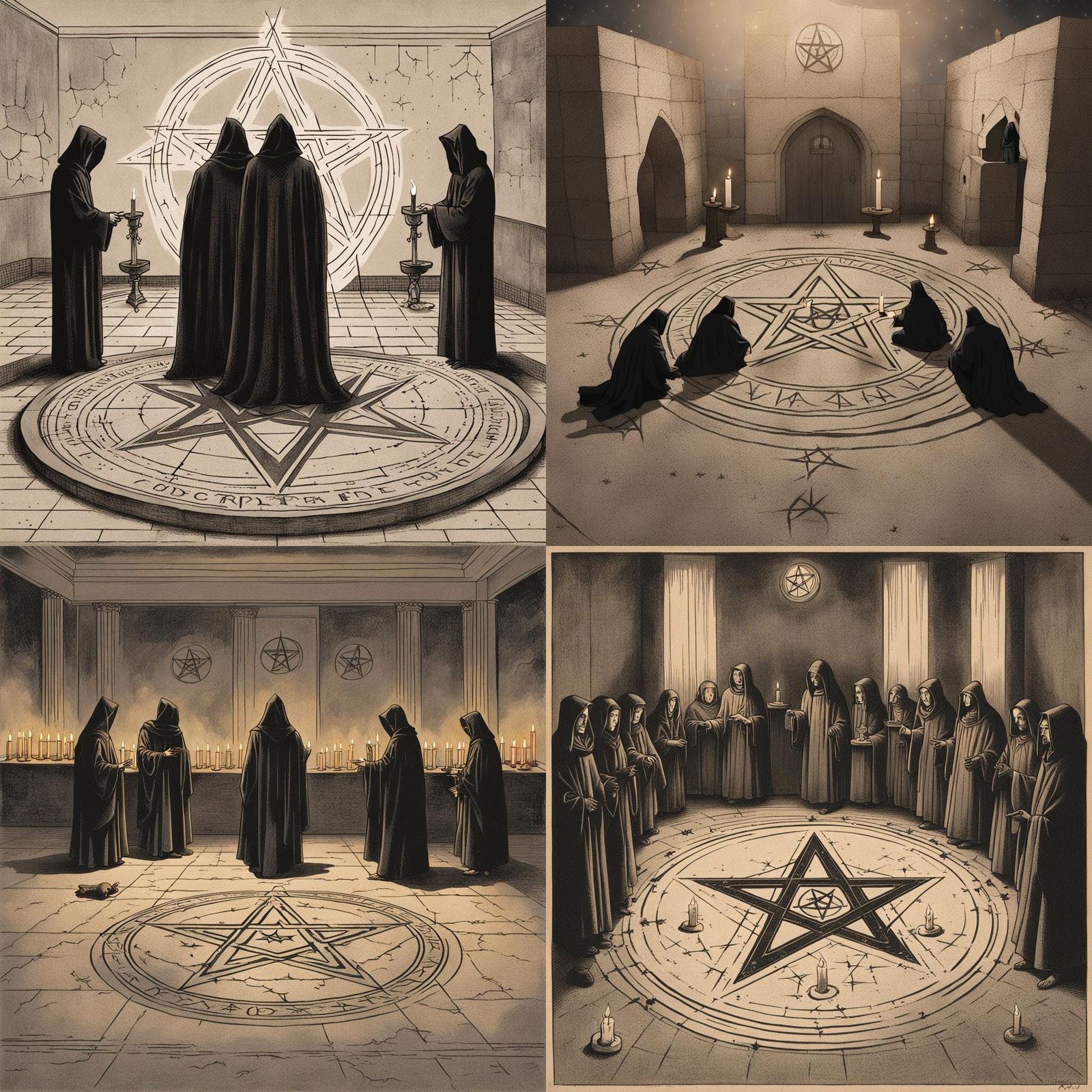 Robed figures stand around a pentagram drawn on the concrete. Candles ...