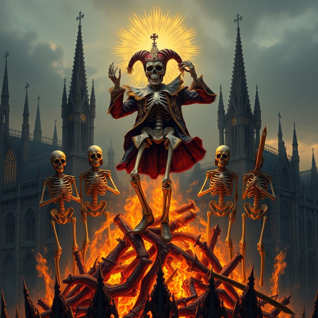 A lavishly dressed skeleton of the King's court jester, resplendent in ...