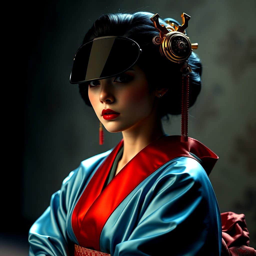 Ethereal Geisha in Dark Visor and Mechanical Ears - AI Art
