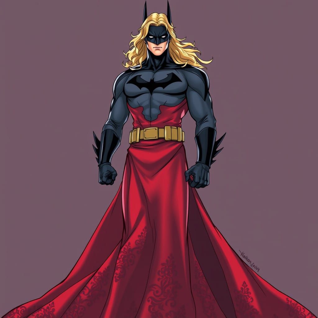 Dark Knight in Elegant Red Gown with Blonde Hair - AI Art