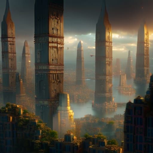 patchwork city floating towers hanging gardens suspended towers - AI ...