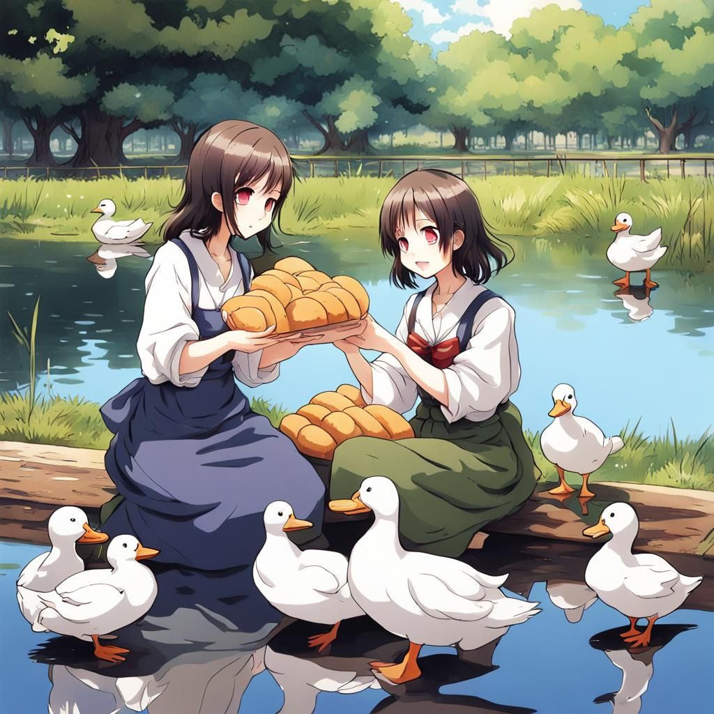 girls feeding bread to ducks - AI Generated Artwork - NightCafe Creator