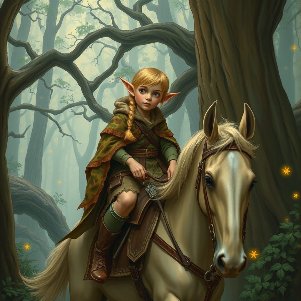 Camouflaged Elf Rider in Mystical Forest Landscape - AI Art