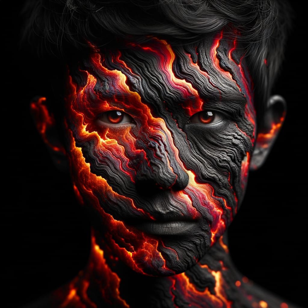 Sorrowful South Asian Figure with Lava Facial Patt... - AI Art