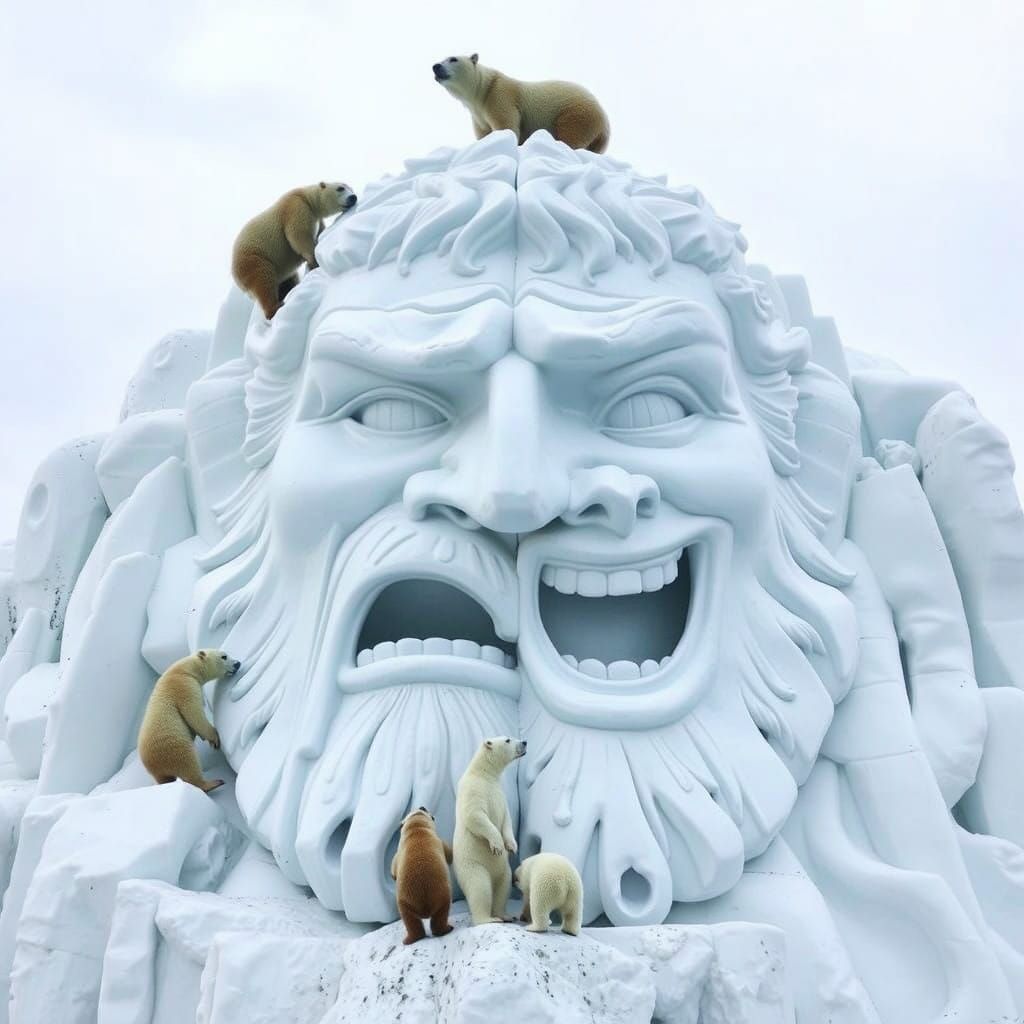 A huge ice sculpture of the mythical two-faced Janus, one face frowning ...