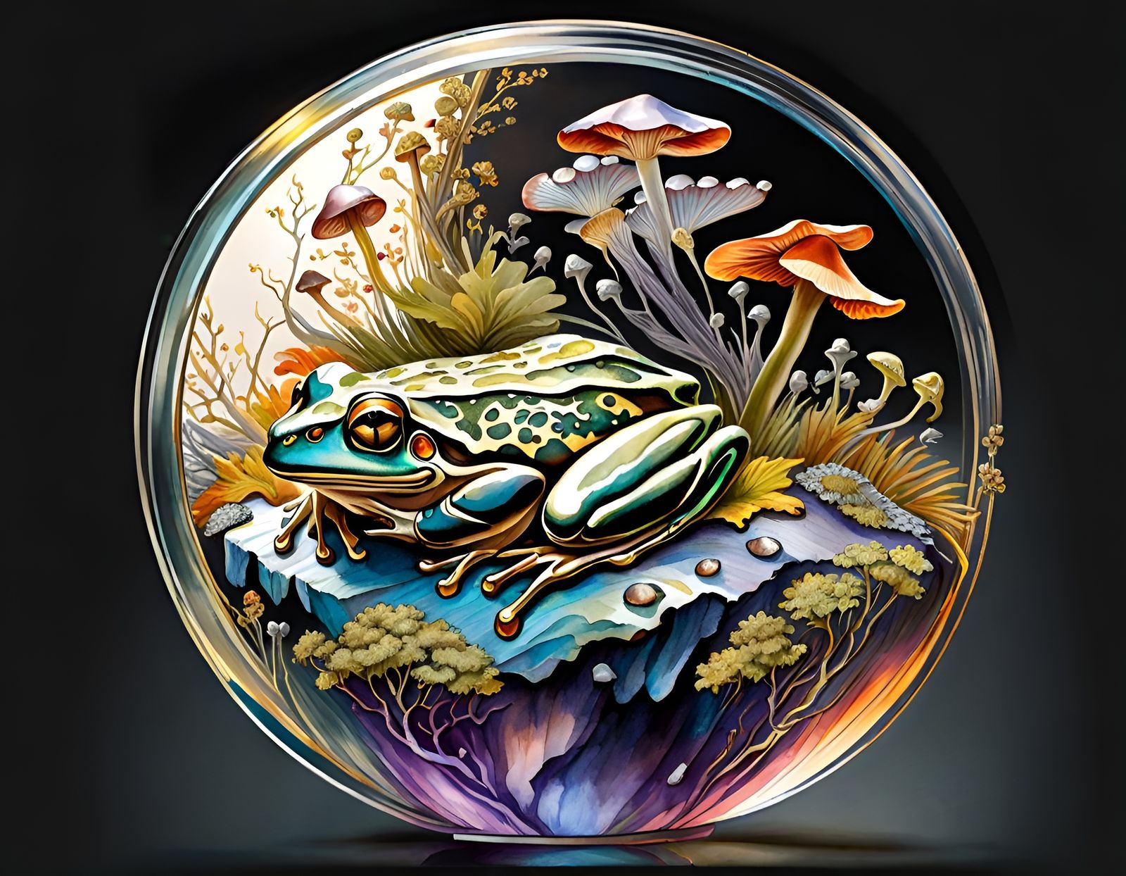 Terrarium with a Frog, Fungi, and Lichens - AI Generated Artwork - NightCafe Creator