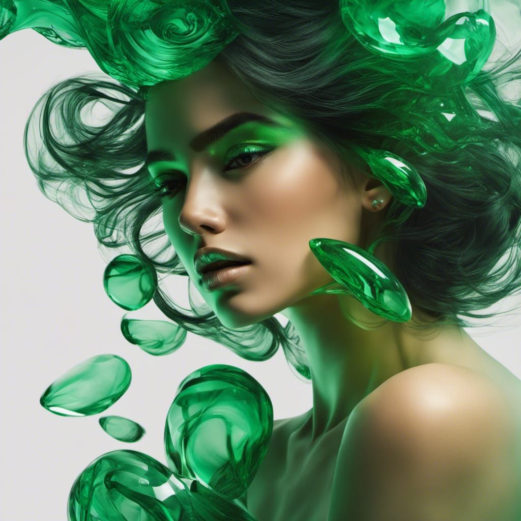 Beautiful woman clear translucent emerald-green colored glass as ...
