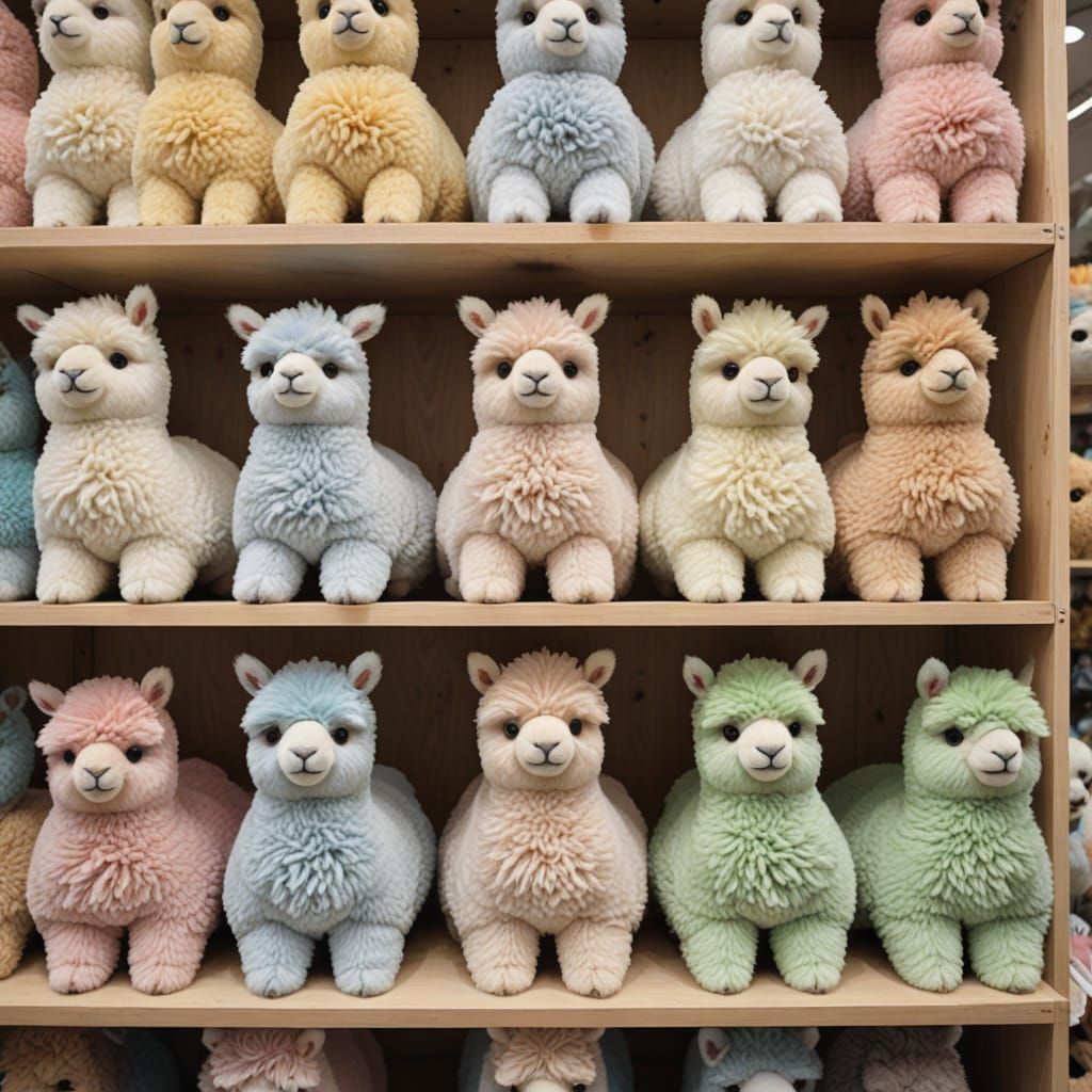 A shelf of pastel plush alpacas in a toy shop