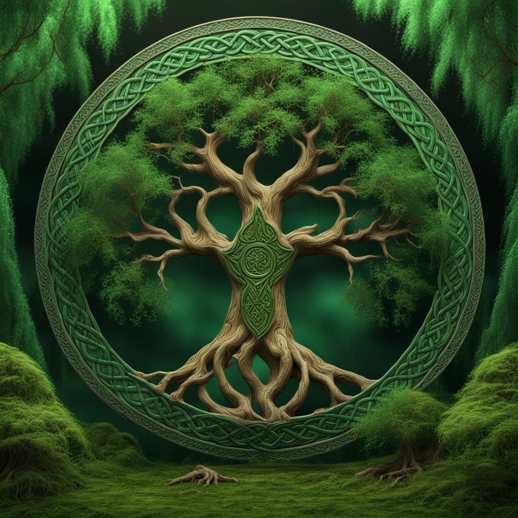 Celtic tree of life in the night deep green forest in a circle with ...
