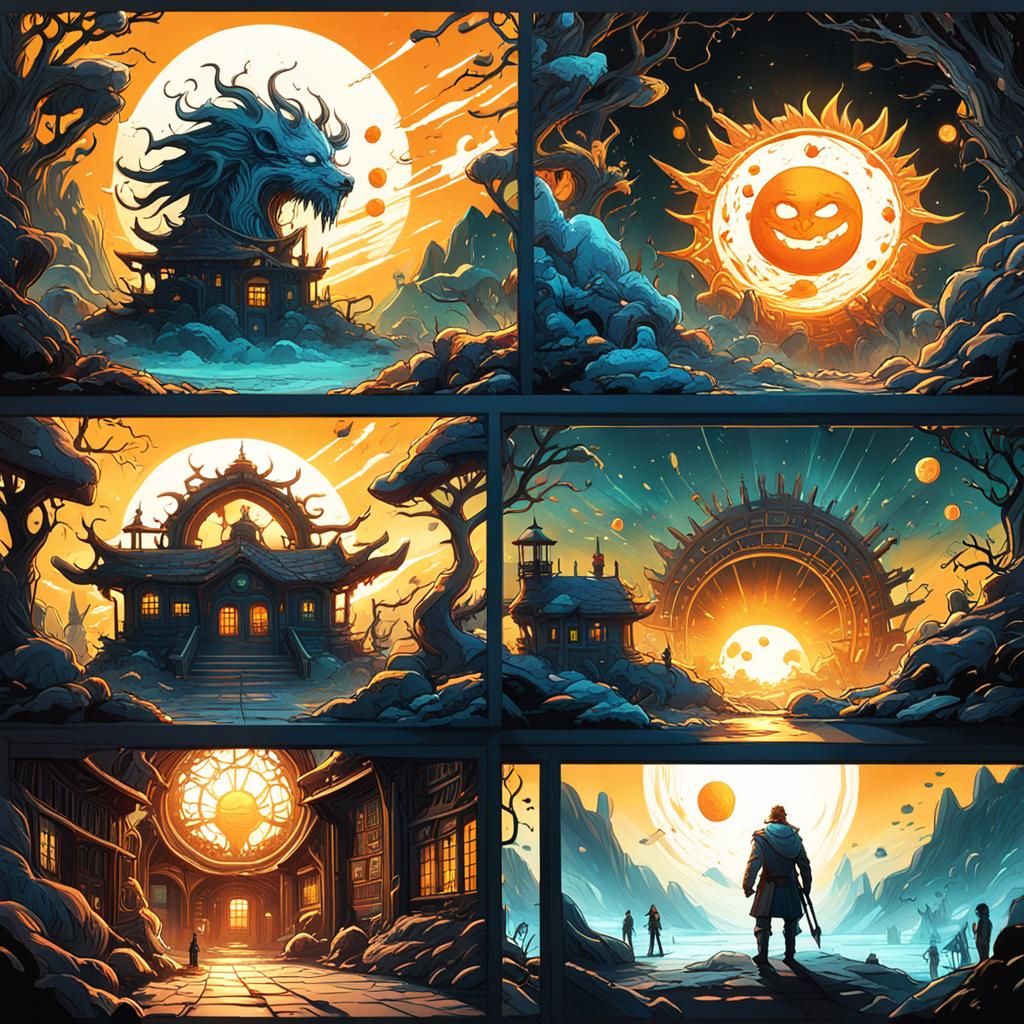 Graphic novel panels of a sun spot hero and his ghost friend, multiple ...