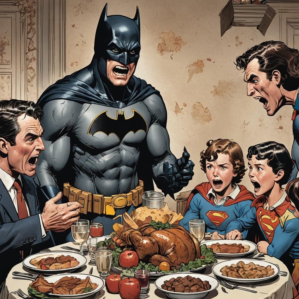 Batman yelling at Superman over Thanksgiving dinner - AI Generated ...