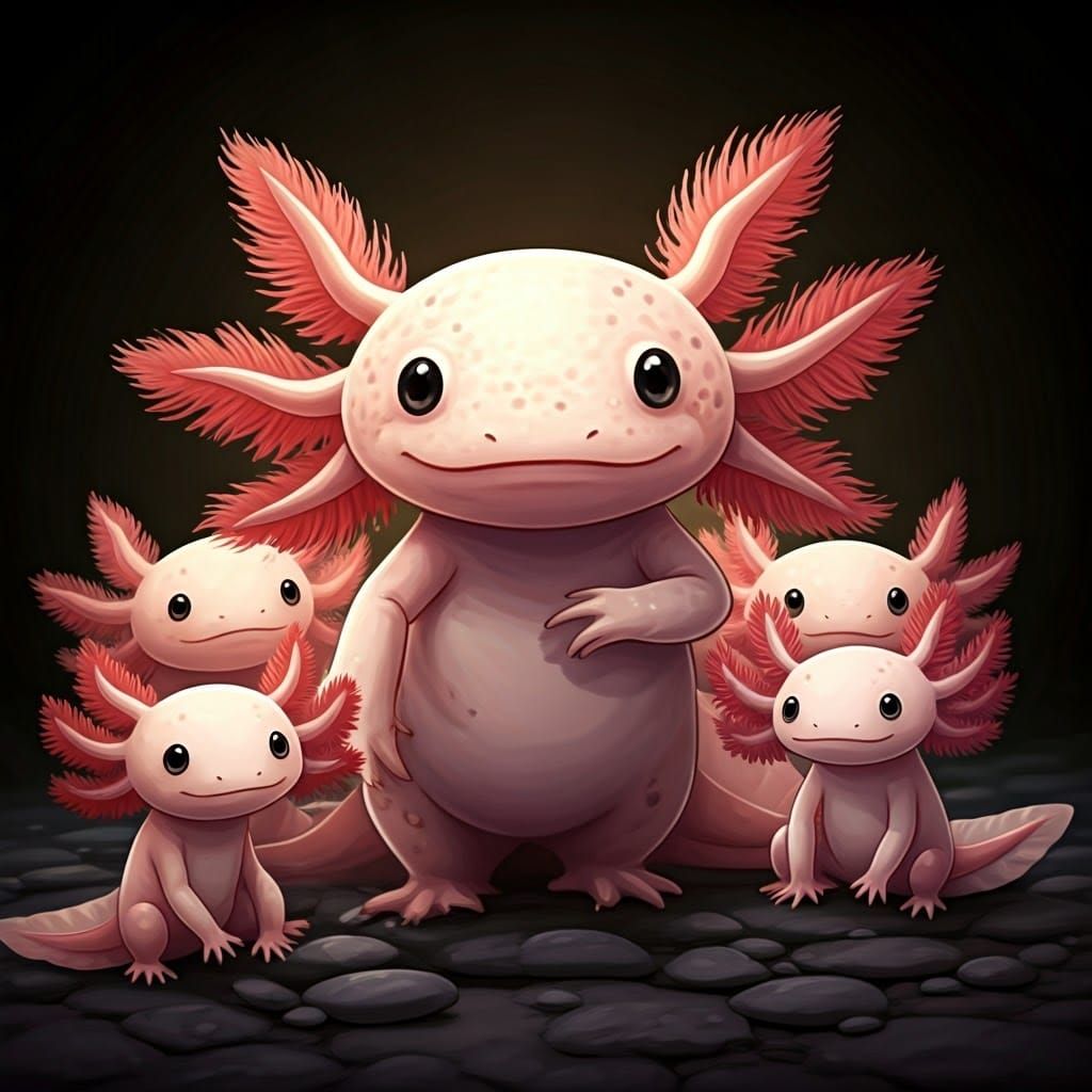 A group of axolotls drawn in a chibi style.