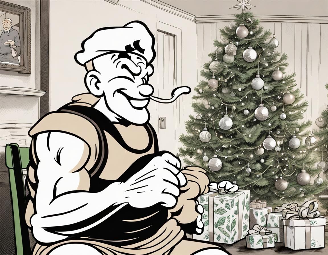 2d line cartoon of Popeye in a 3d realistic Xmas house - AI Generated ...