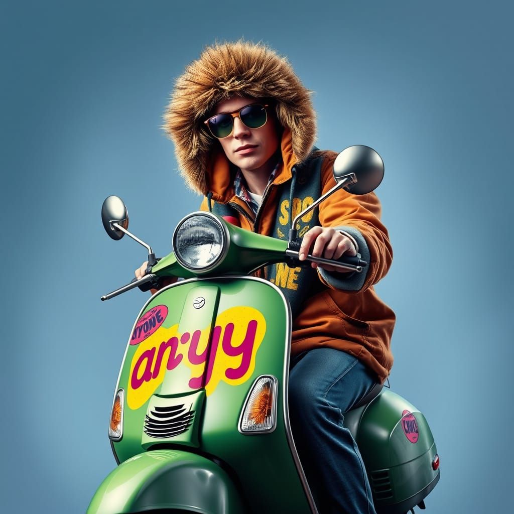 Mod wearing a parka on a mod scooter wrapped in "anyone" artwork