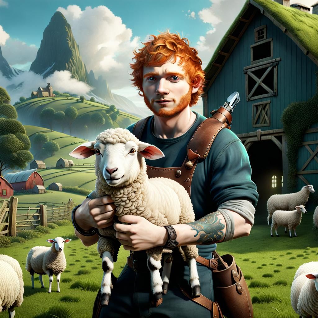 Ed Sheeran holding a razor, a sheep, farm background, detailed matte ...