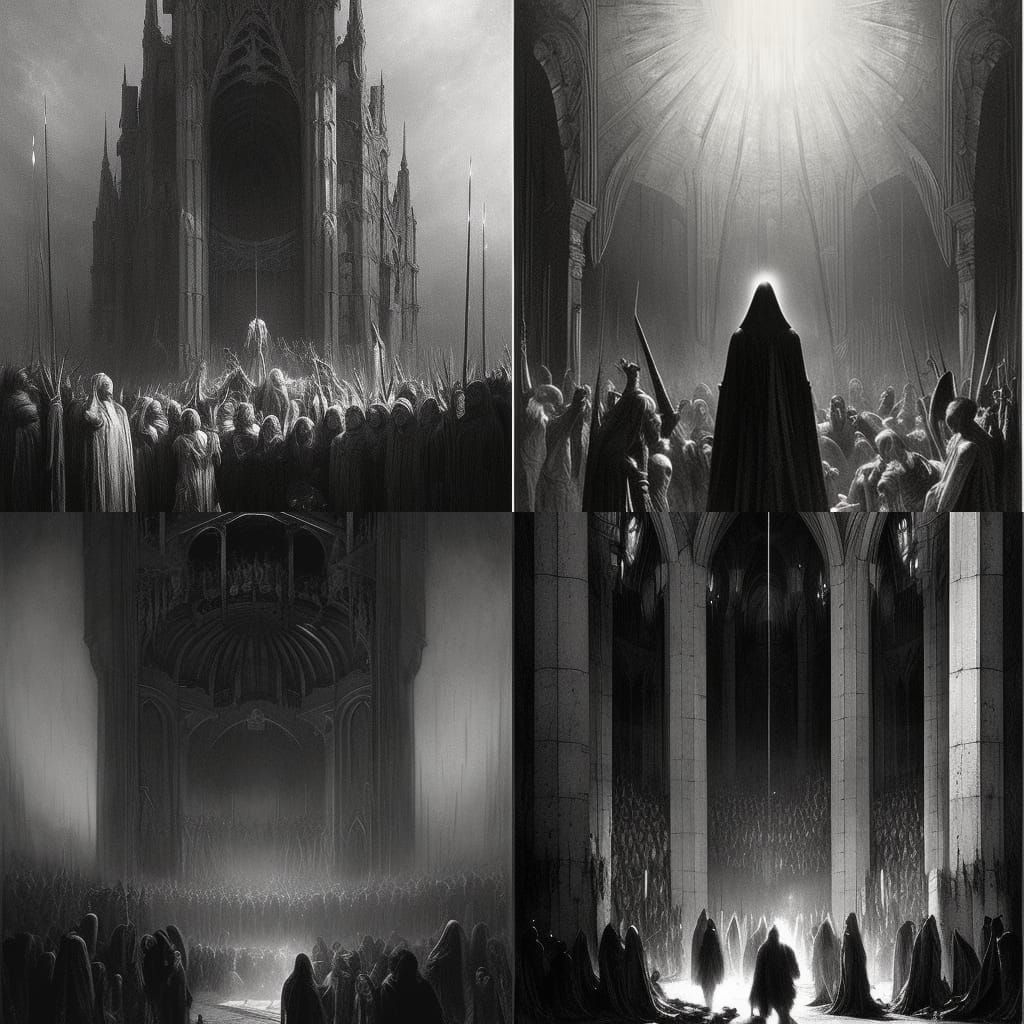 Beast Cloaked In darkness shrine of evil crowd black and white - AI ...