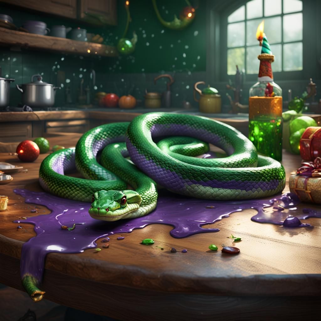 green shiny snake with a birthday hat on slithering across a kitchen ...