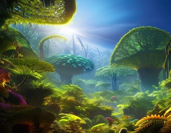 a lush alien otherworldly jungle landscape of weird blue plant and ...