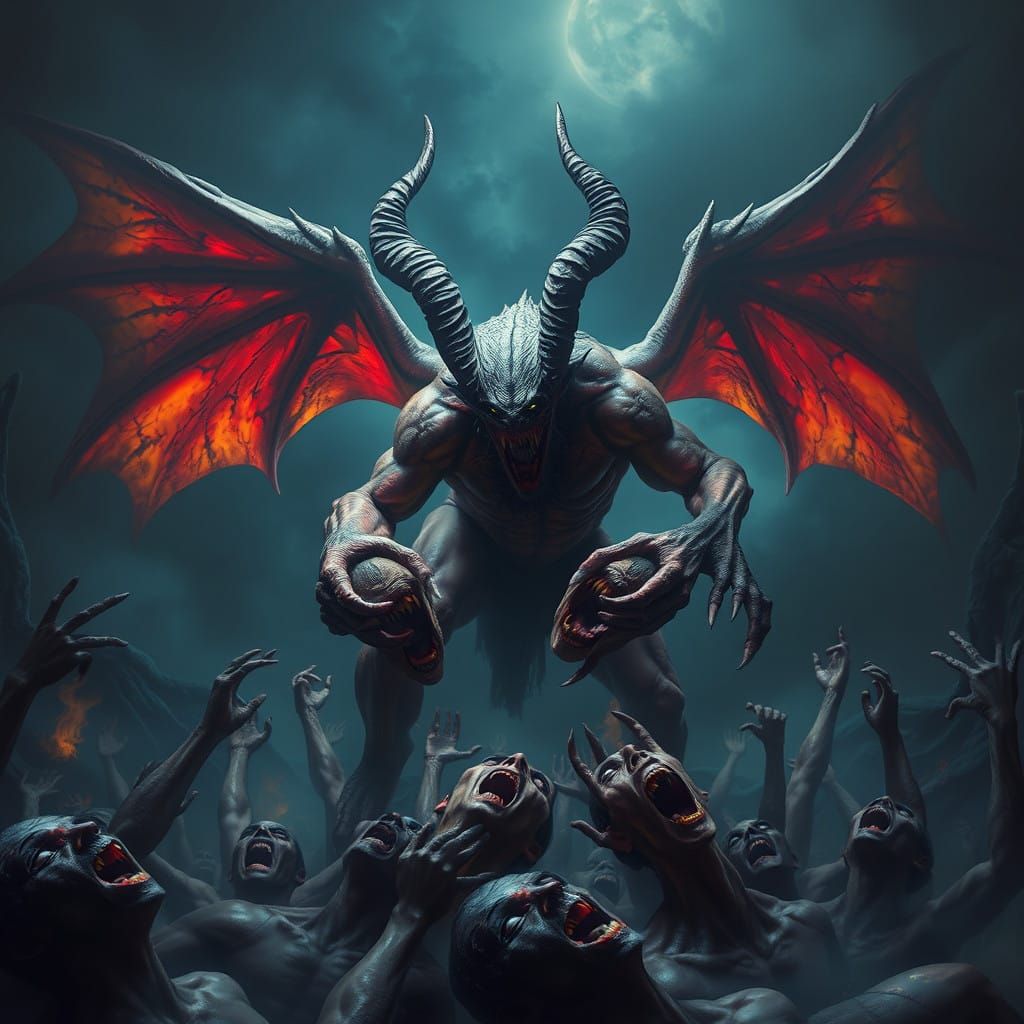 Grotesque Demon Tears Apart Screaming Humans in Da... - AI Art