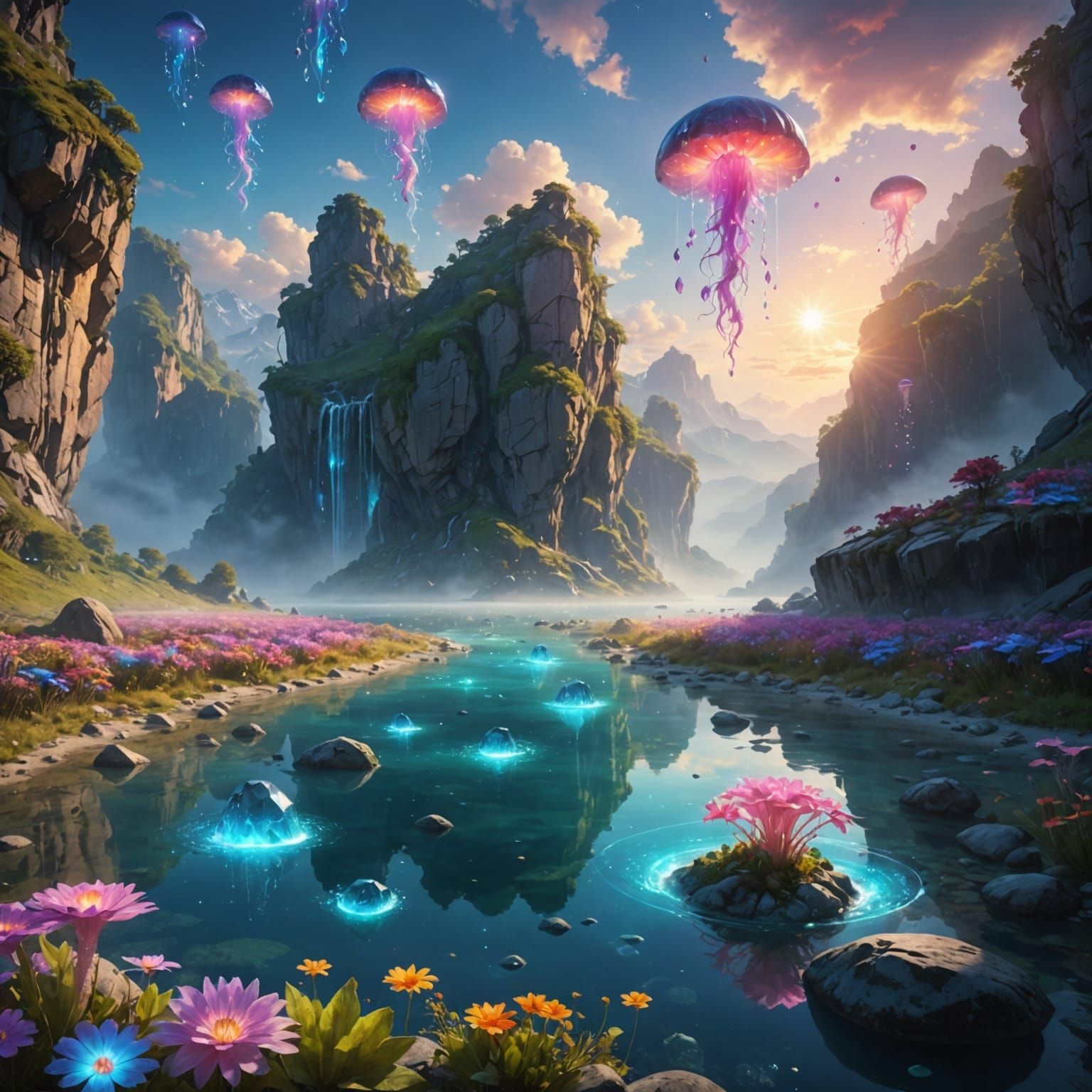 Ethereal Crystal Valley at Sunrise - AI Art