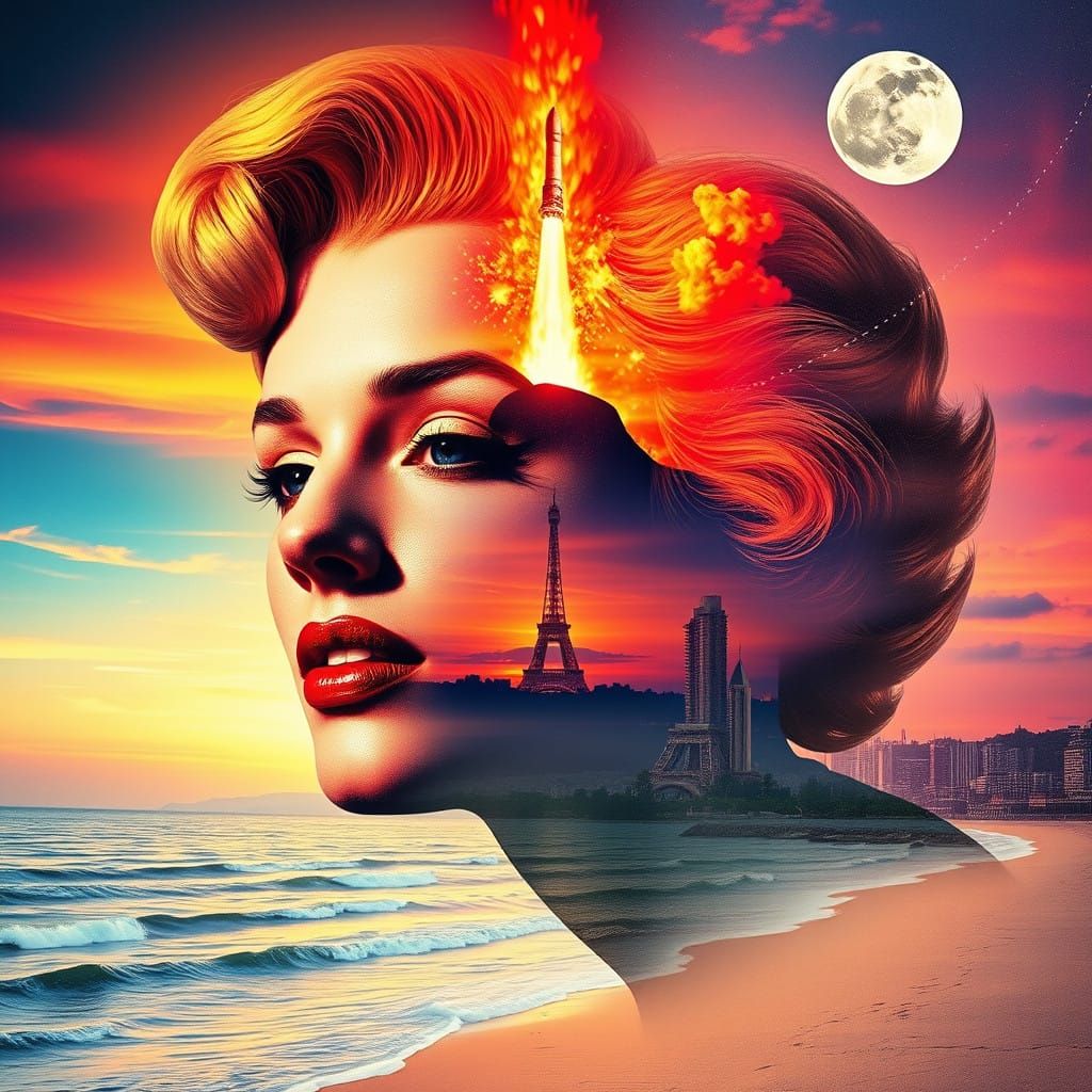 Surreal Sunrise Collage with Rocket Volcano Erupti... - AI Art