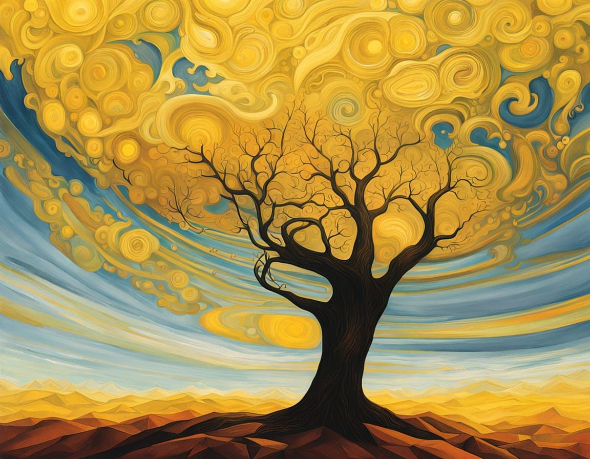 The golden tree's branches curve upward, twisting into an impossible ...