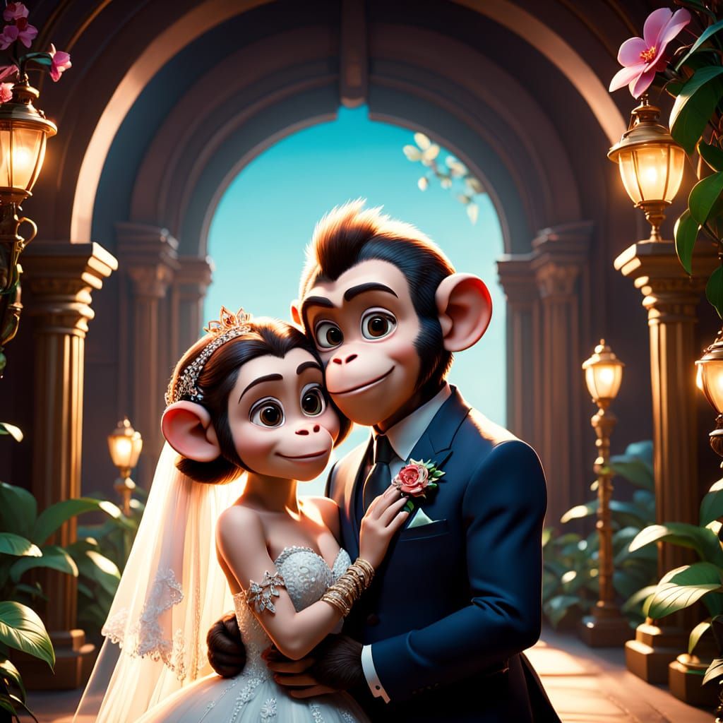 monkey couple in a whimsical Disney-inspired wedding scene. The bride ...