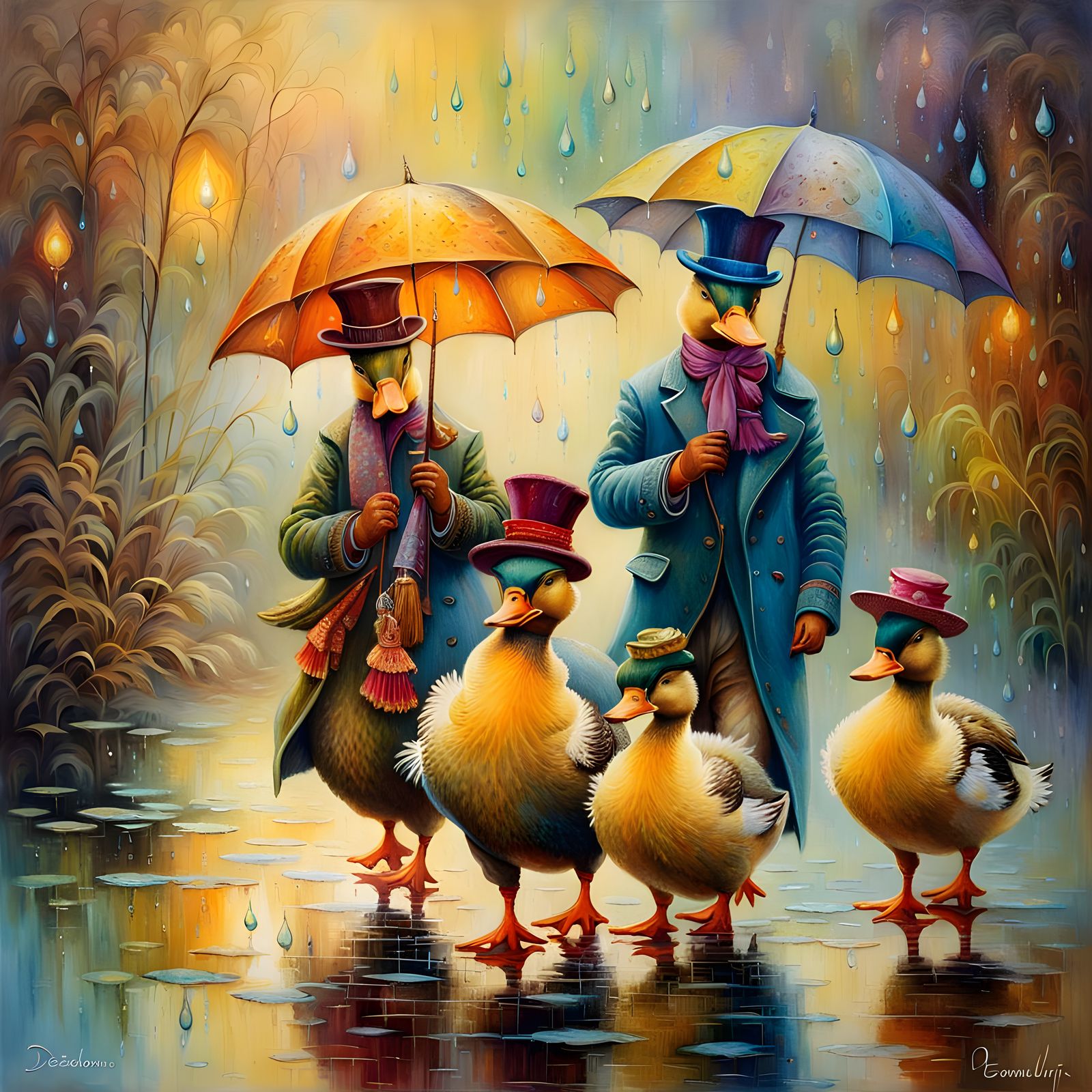 The duck family goes for a walk in the rain