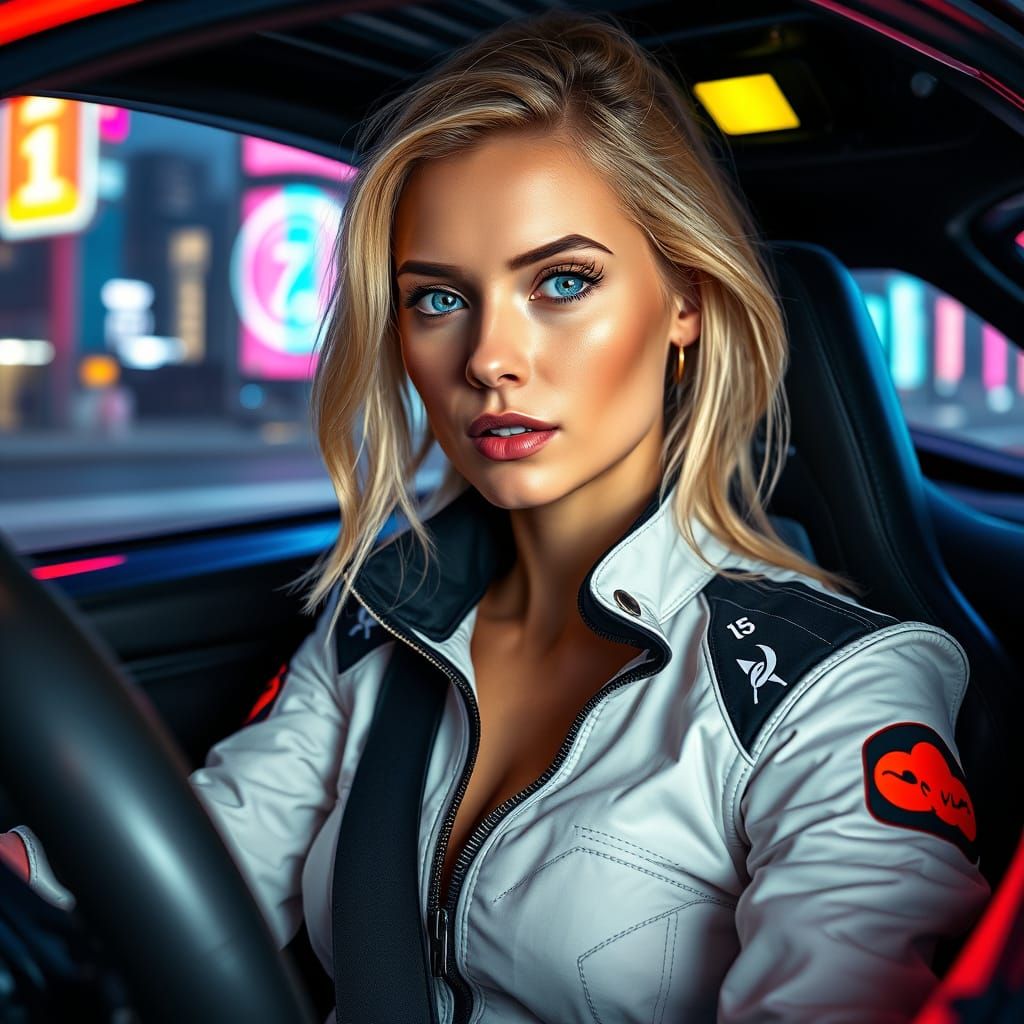 Sleek Blonde Racing Driver in High-Tech F1 Car, Cy... - AI Art