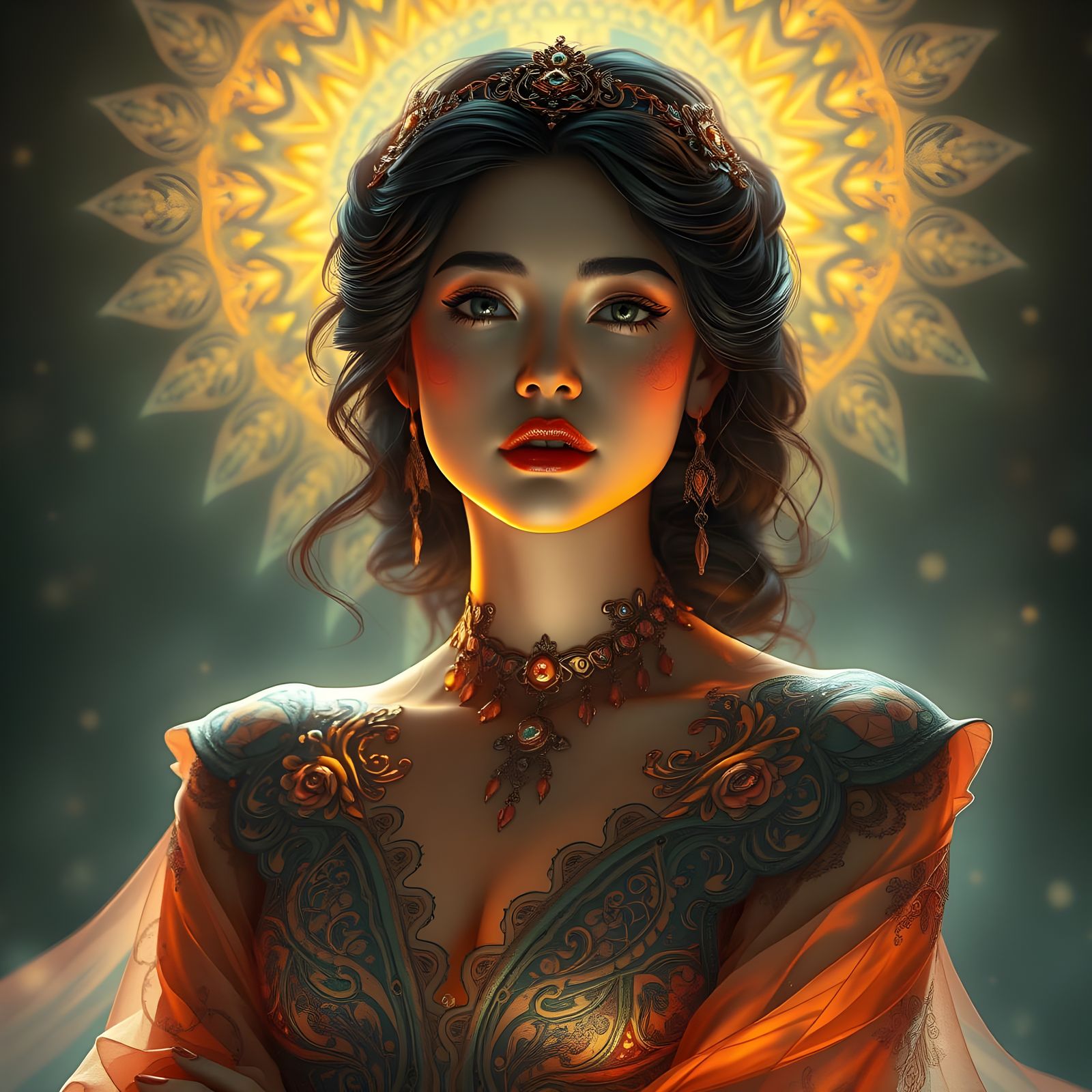 A beautiful woman and aura - Radiant Goddess with Art Nouvea...