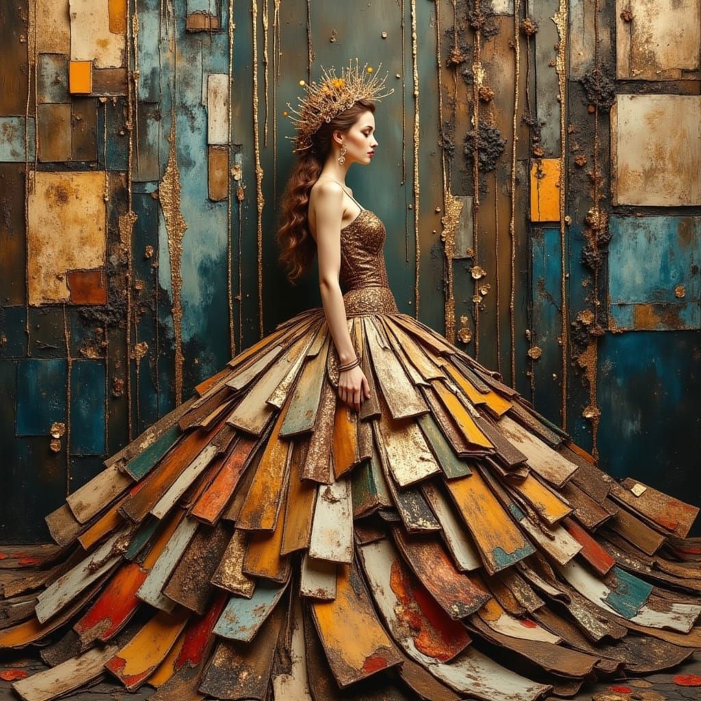 A fashion model in clothing made from a plethora of random objects