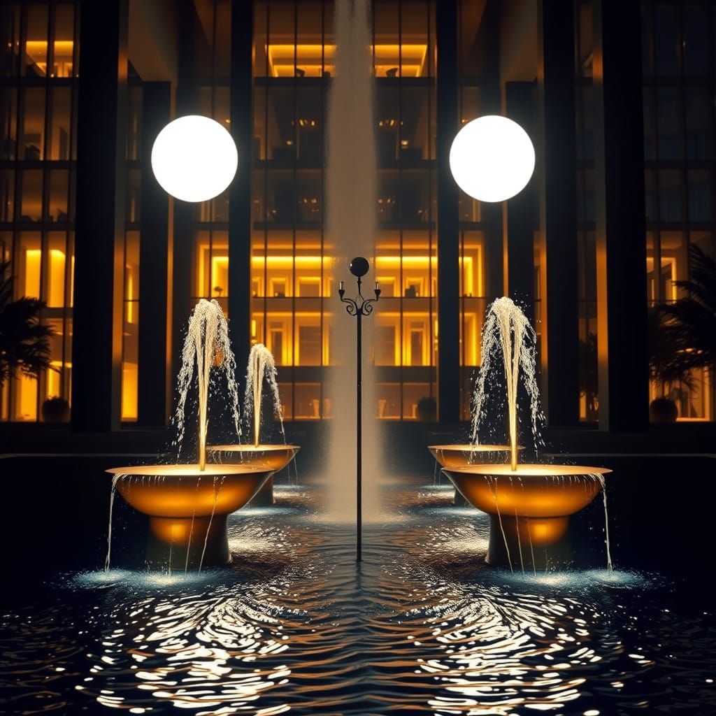 Surreal Nighttime Water Fountain Scene in Luxury S... - AI Art