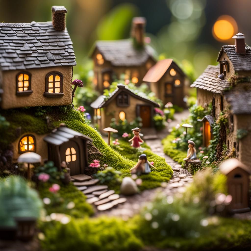 Miniature fairy garden village in a human garden with recycled ...