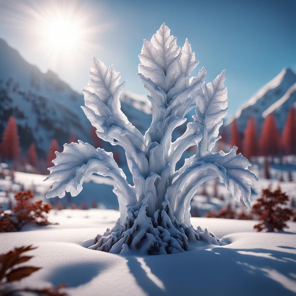 A unique beautiful ice creature and sculpture during snow in mountain ...