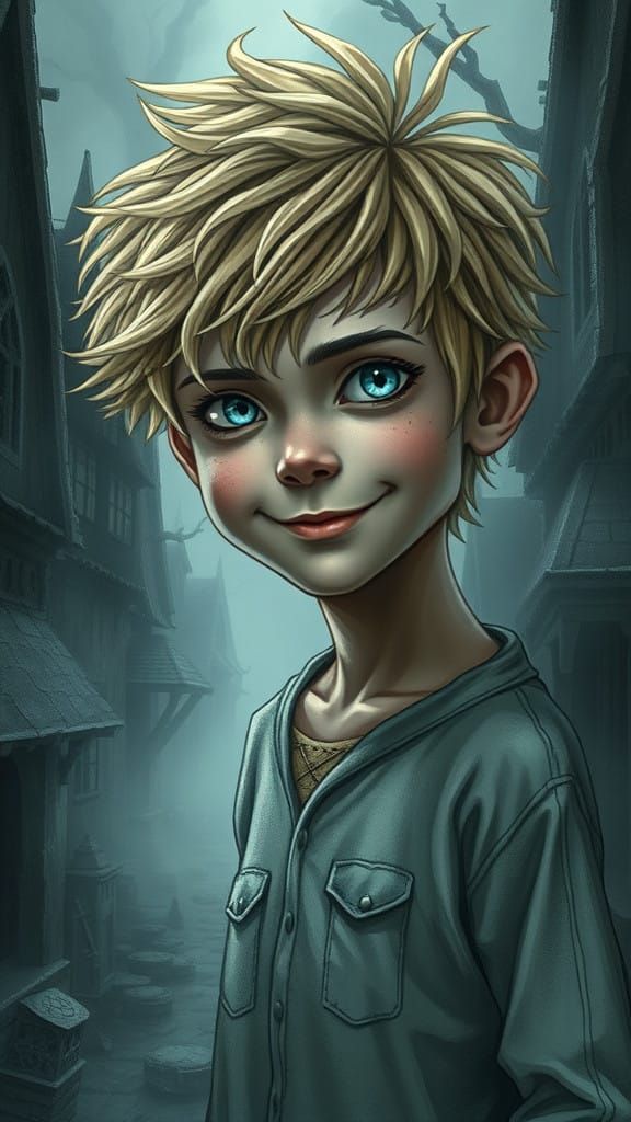 Boy with tousled blonde hair, a mischievous grin, and blue eyes. - Eldritch