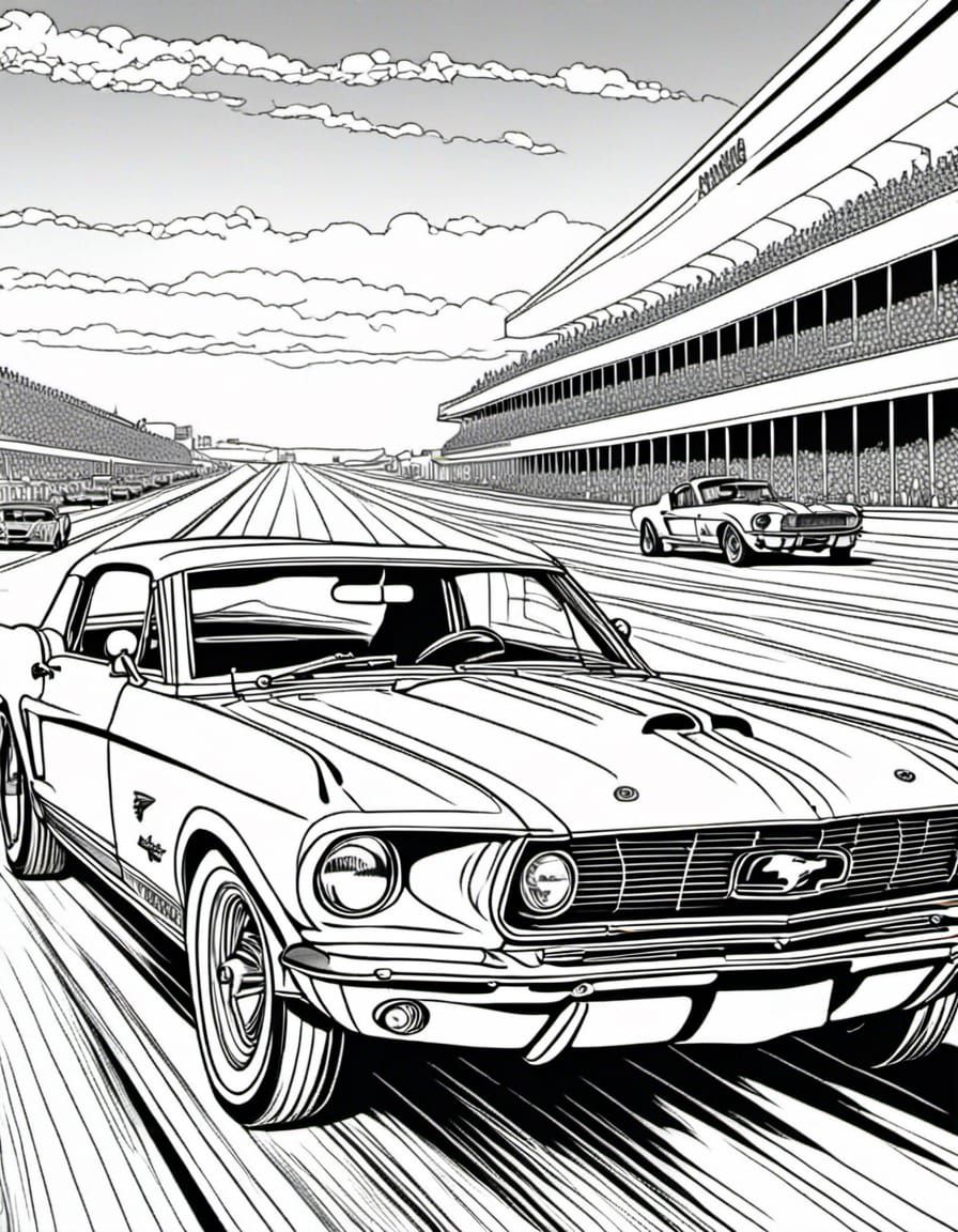 colouring page, colouring book, Magnificent Ford Mustang racing against ...