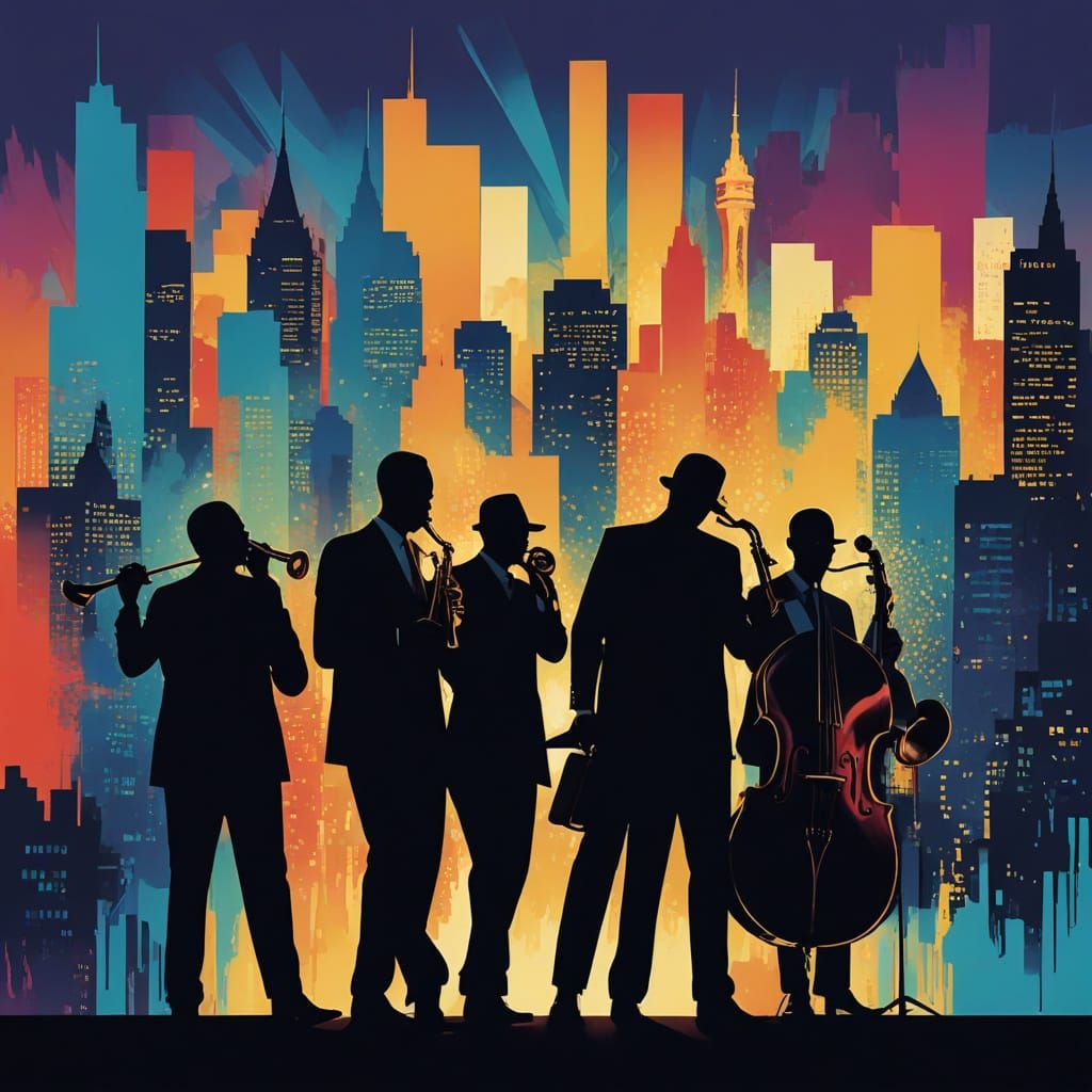 Jazz Quartet Silhouettes in Distorted Cityscape - AI Art