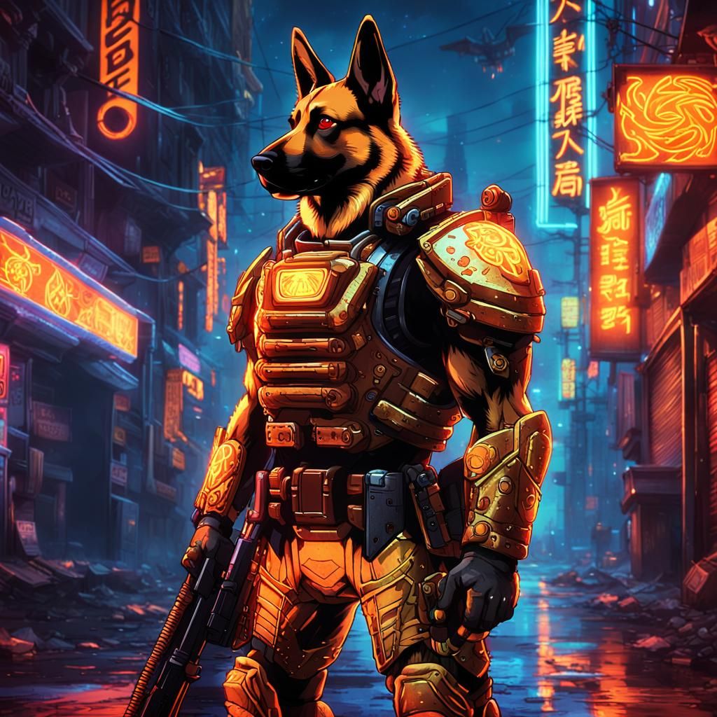 Cyberpunk German Shepherd in Sleek Golden Armor - AI Art