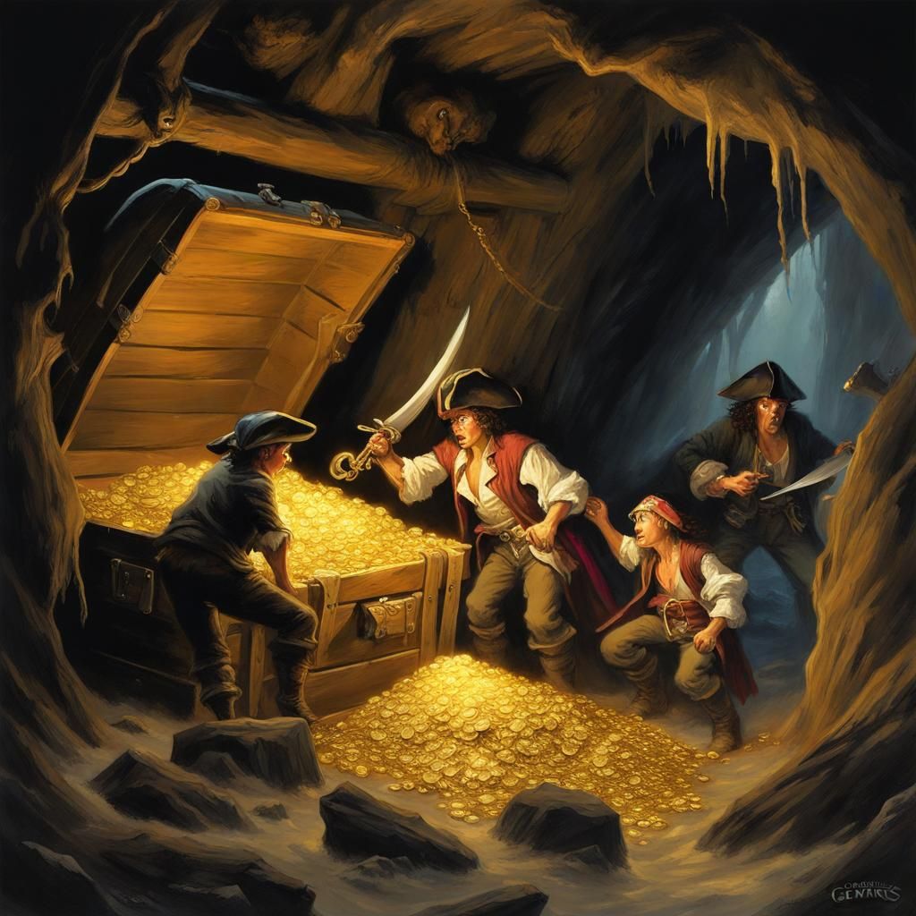 The Goonies pirate hideout with a few pirates and piles of gold ...