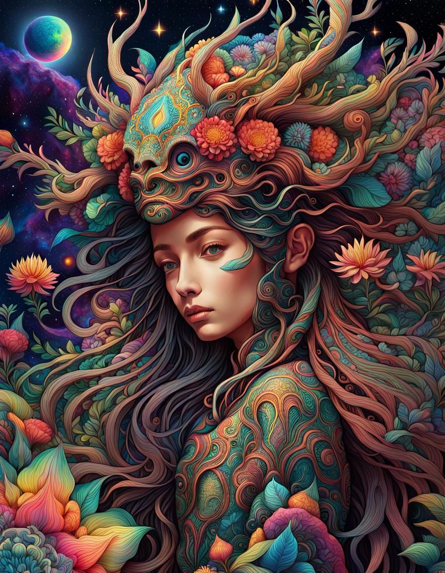 (Hyper detailed psychedelic artwork with lots of squiggly lines of a magical oriental beautiful ...