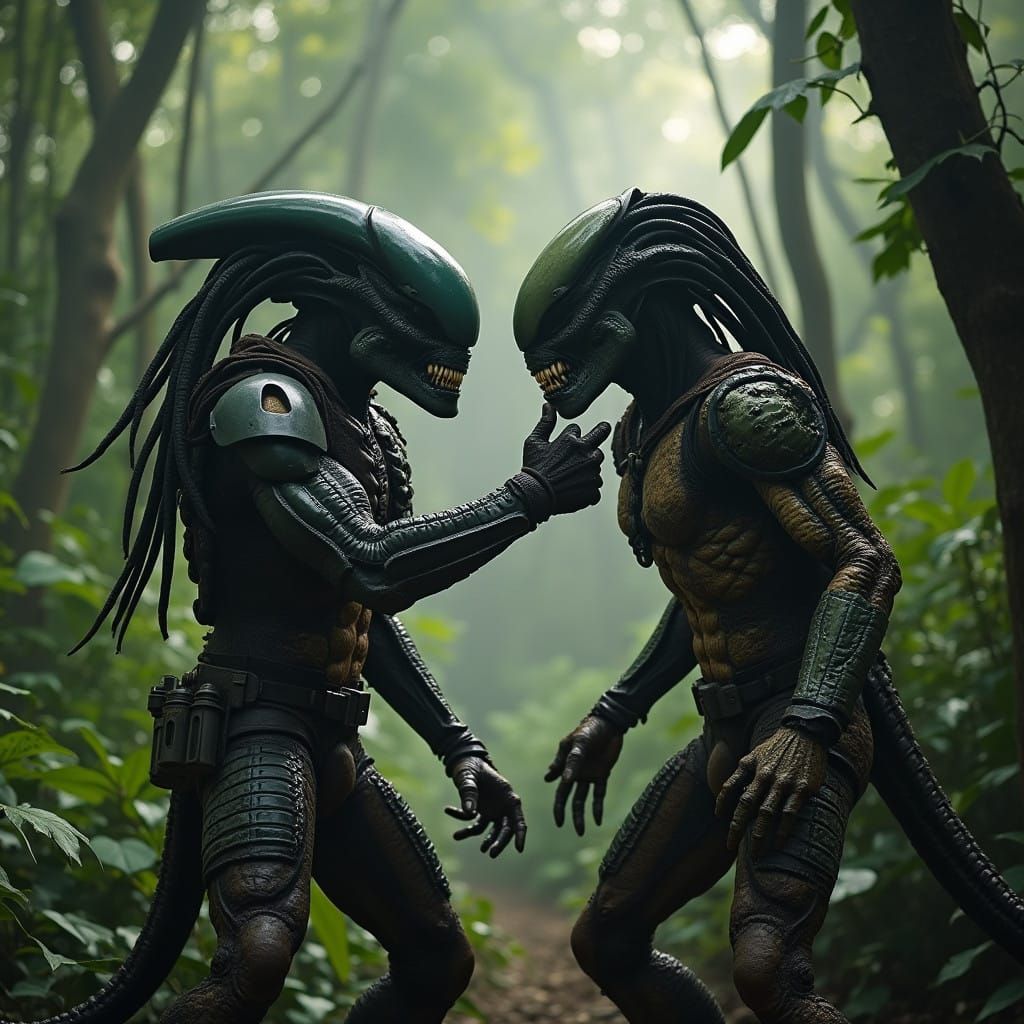 ALIEN MOVIE CHARACTER FIGHTING A PREDATOR CHARACTE... - AI Art