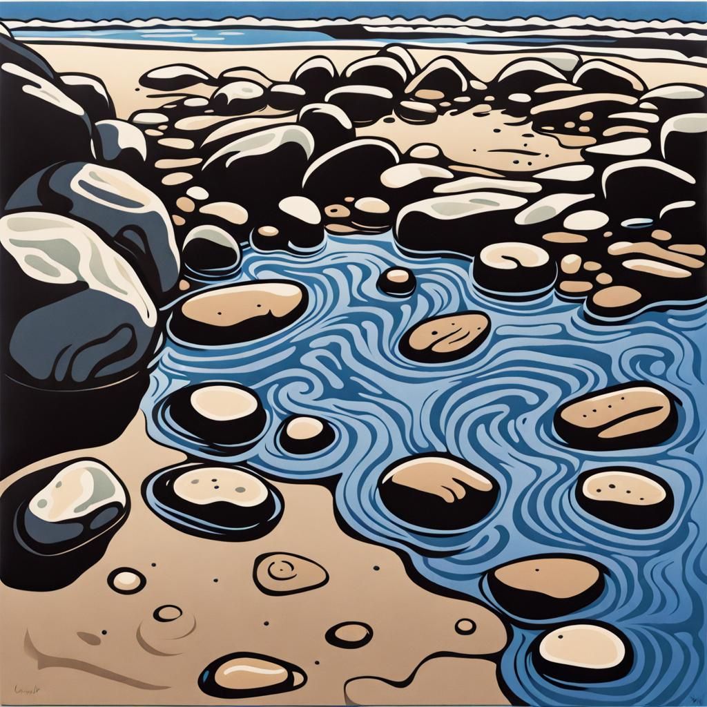 Seashore tidepool scene, rocks sand puddles, Linocut on watercolor ...