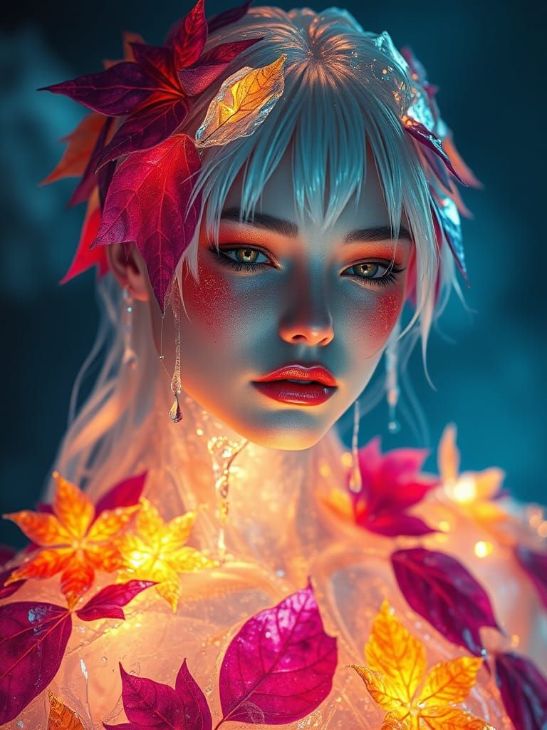 Portrait with icy water and leaf - Portrait with icy water a...