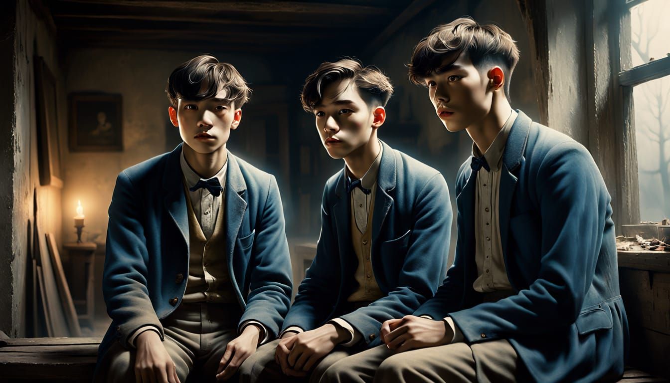 Twin Souls Entwined in Eerie Attic Scene - AI Art