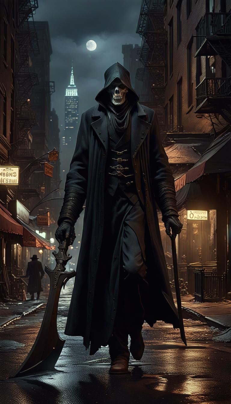 The reaper, in the night streets of New York in 1800s. - AI Generated ...