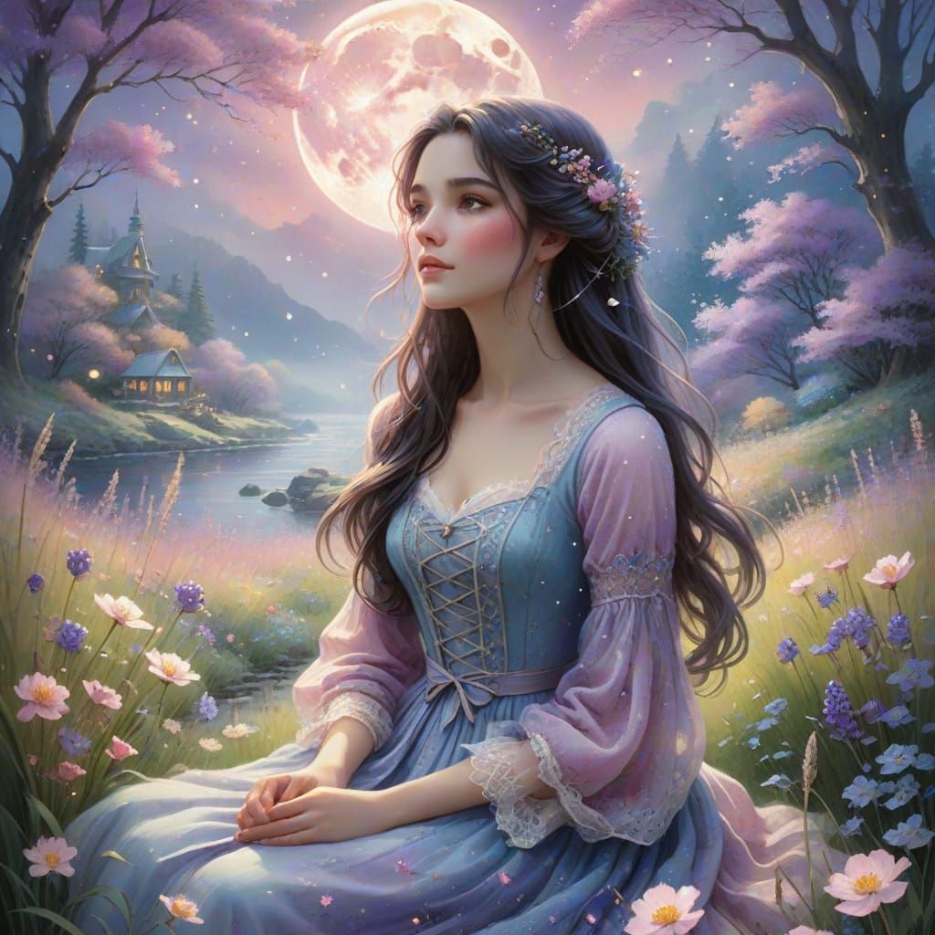 Realistic Moonlit Longing - Ethereal Moonlit Portrait in Vib...