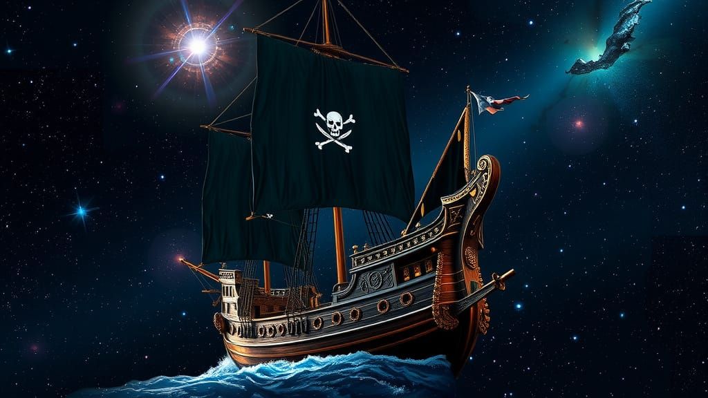 17TH CENTURY PIRATE GALLEON WITH BLACK SAILS AND A JOLLY ROGER FLAG ...