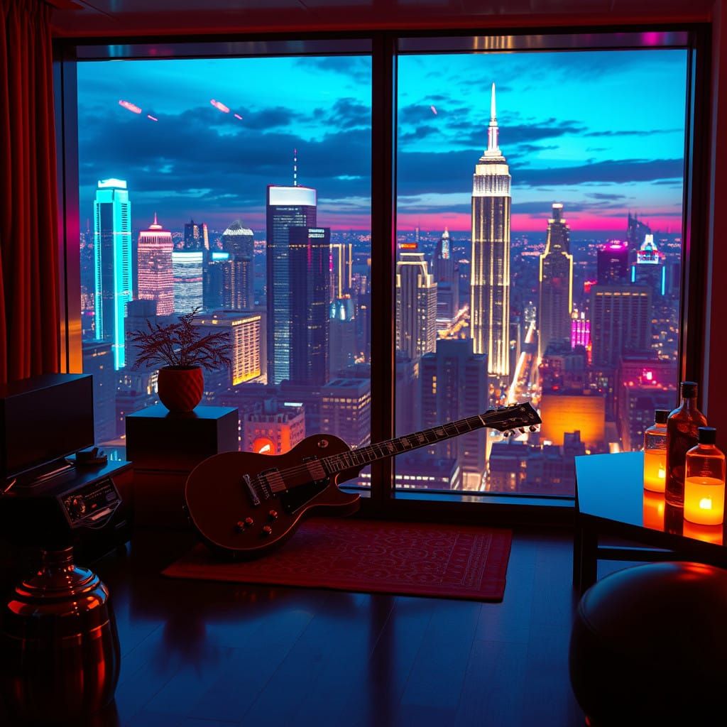 Luxurious 80s Cityscape at Night, Warm Glow from P... - AI Art